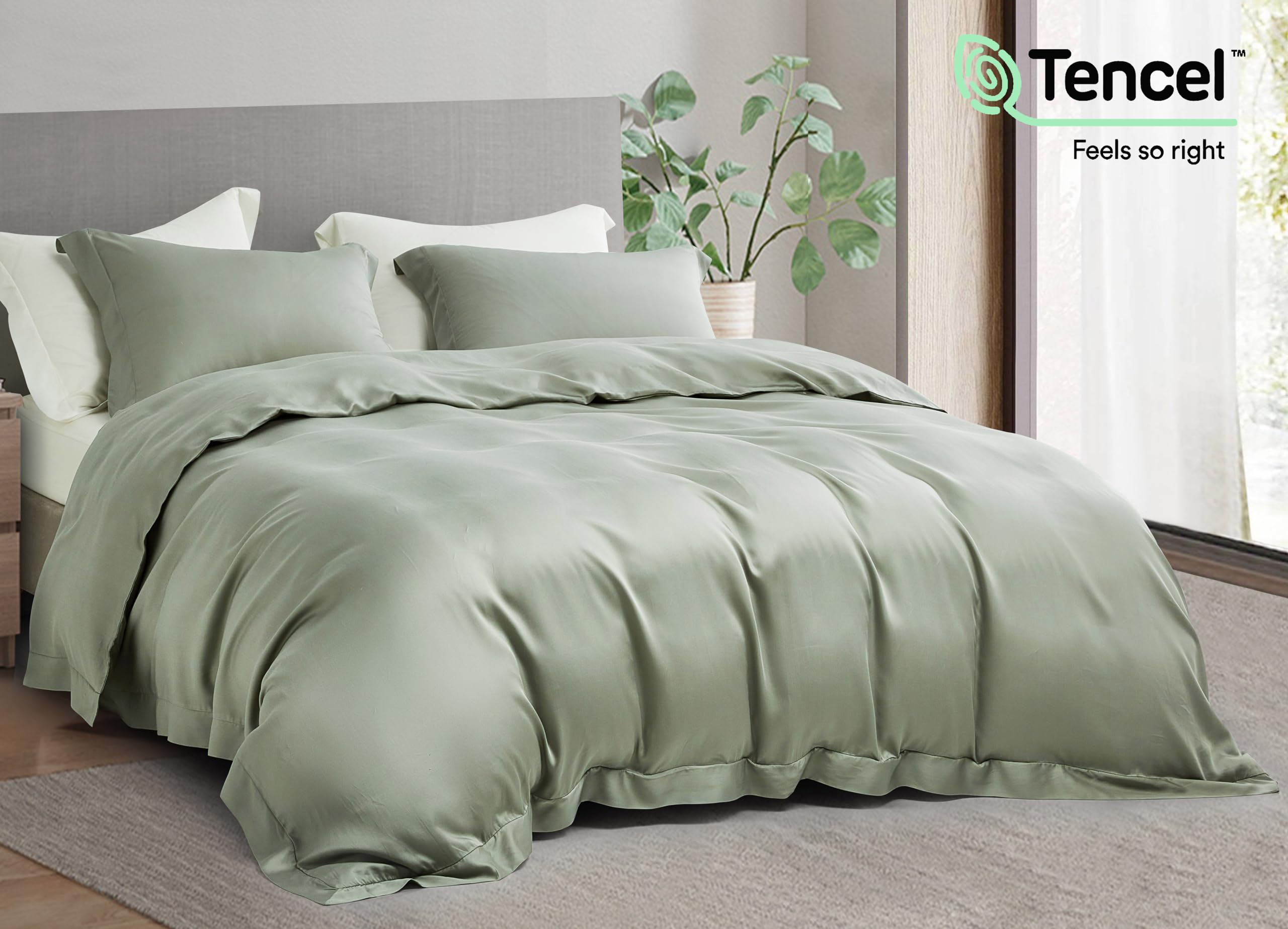 Sterling Creek 100% Tencel Lyocell Duvet Cover Set Queen Size 3-Piece Set - Luxury Soft Breathable Silky Smooth Cooling Comforter Cover with Button Closure for Hot Sleepers (Queen, Eucalyptus)