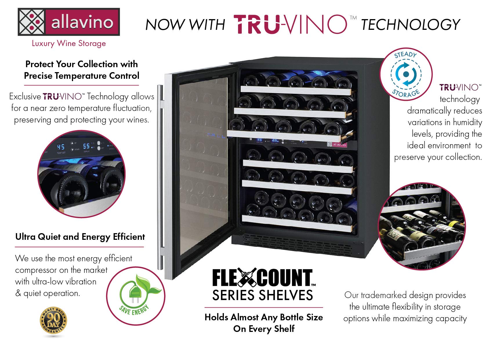 Allavino 24" Wide FlexCount II Tru-Vino 56 Bottle Dual Zone Stainless Steel Right Hinge Wine Refrigerator