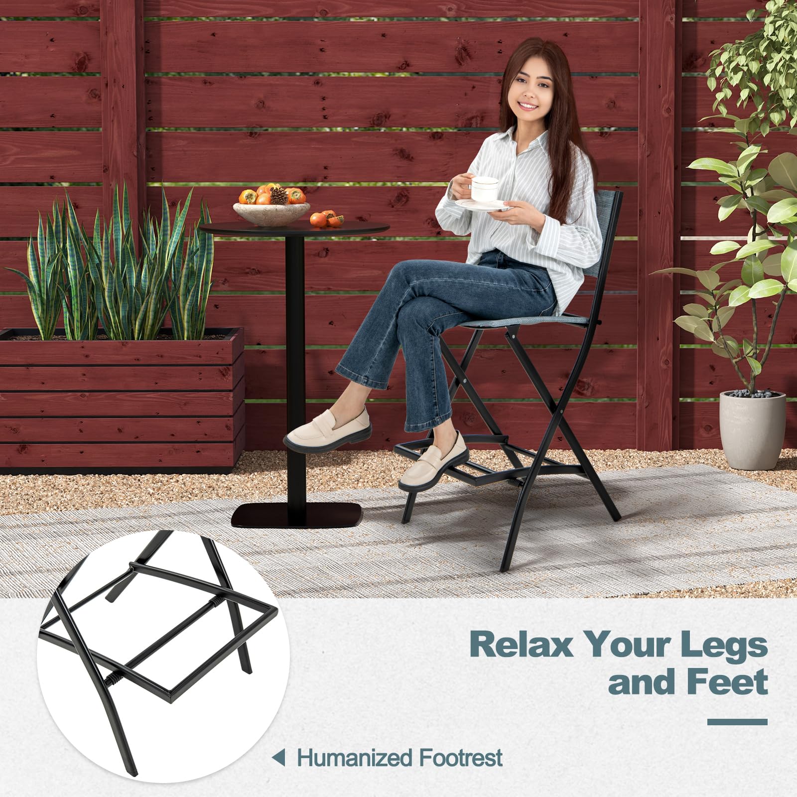 Giantex Folding Patio Bar Chairs Set of 4, Outdoor Counter Height Bar Stools with Footrest & Back, All-Weather Textilene, Metal Frame, for Porch Deck Lawn Garden, Light Blue