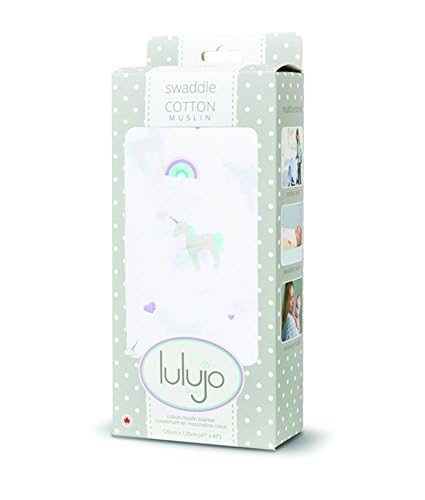 Lulujo Baby 100% Cotton Muslin Swaddle Blanket, 47 x 47-Inches, Rainbows and Unicorns