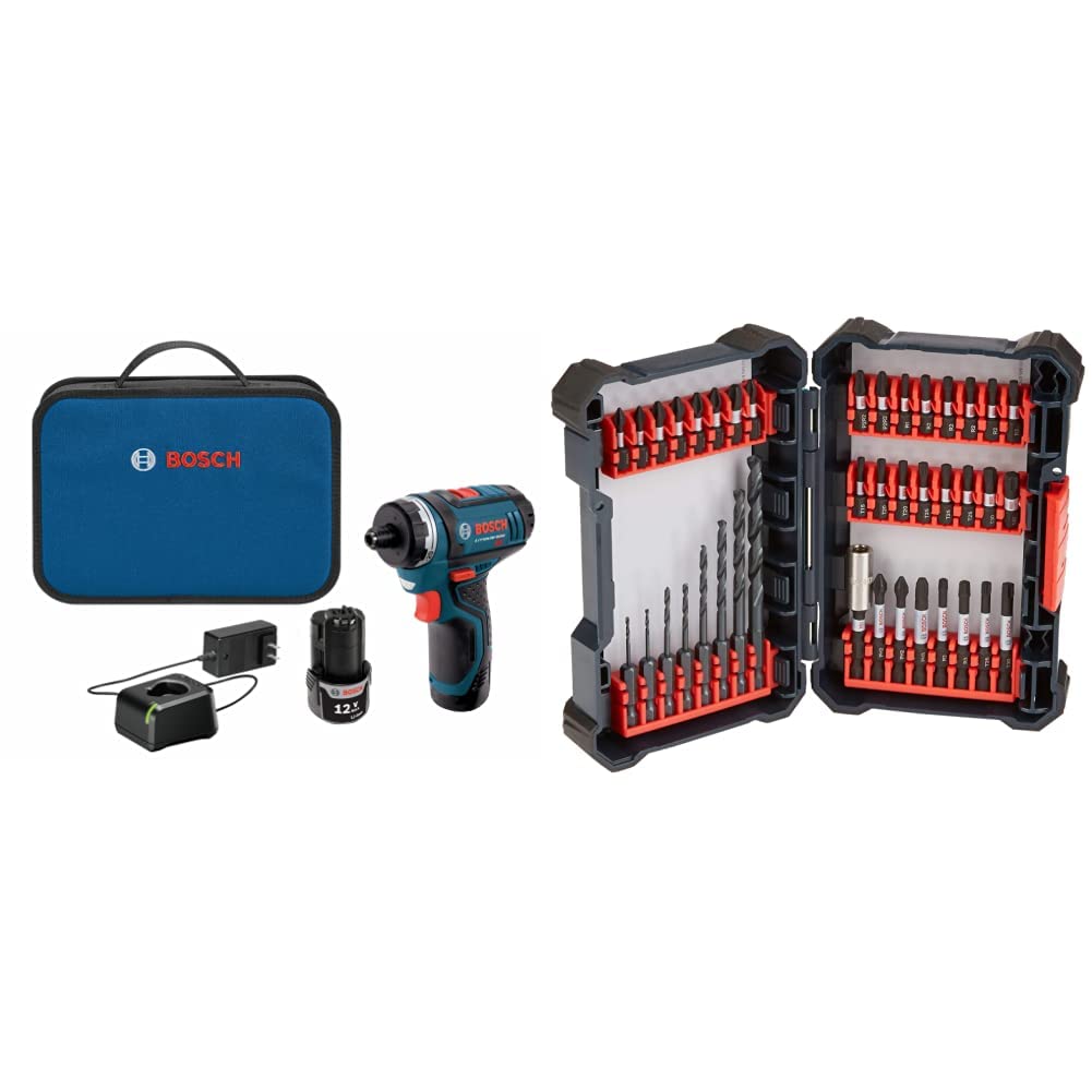 Bosch PS21-2A 12V Max 2-Speed Pocket Driver Kit with 2 Batteries, Charger and Case & 40 Piece Impact Tough Drill Driver Custom Case System Set DDMS40