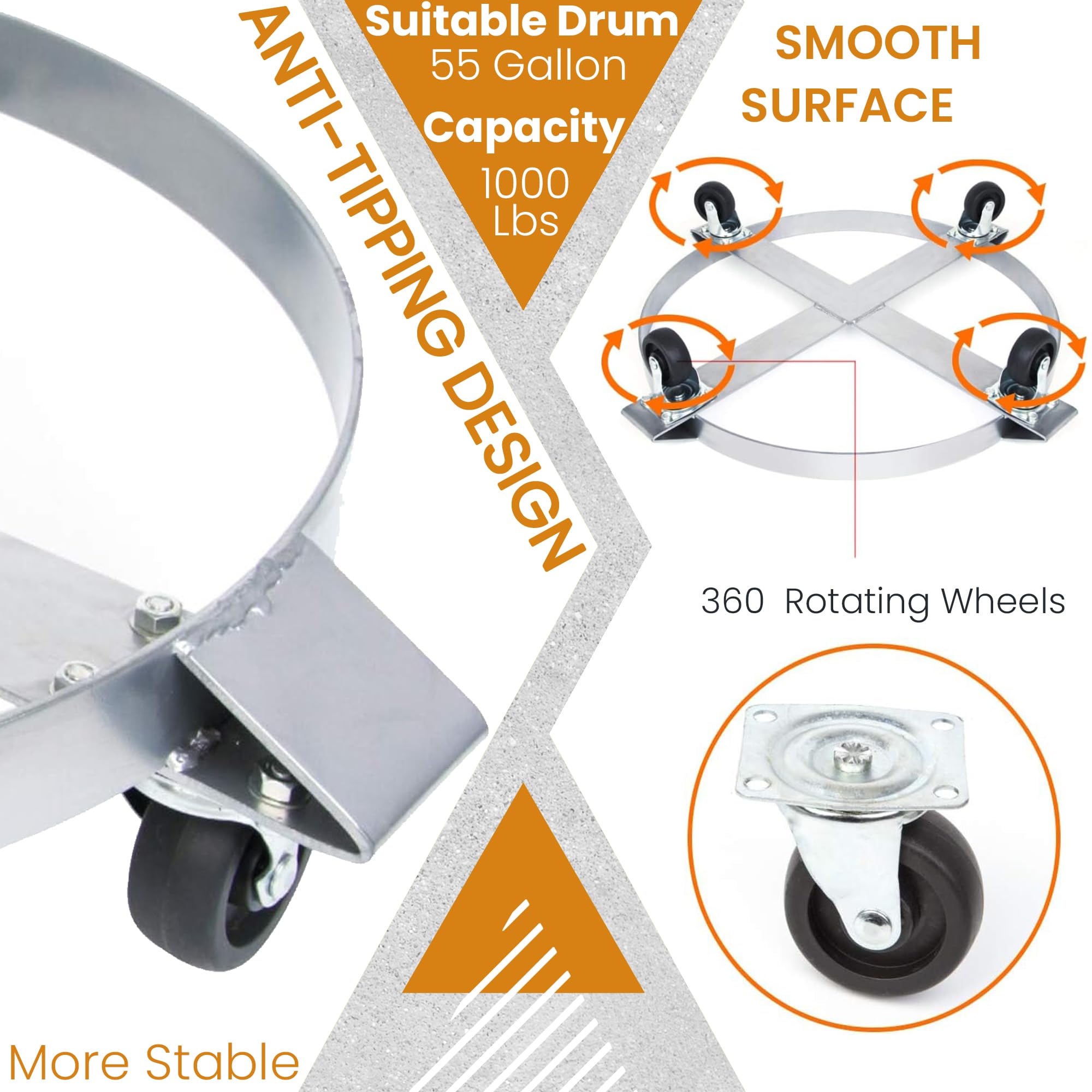 55-Gallon Drum and Garbage Can Dolly β 1000 Pound Trash Can Dolly Swivel Casters Wheel Steel Frame Dolly Cart Non Tipping Hand Truck Capacity Dollies(Silver)