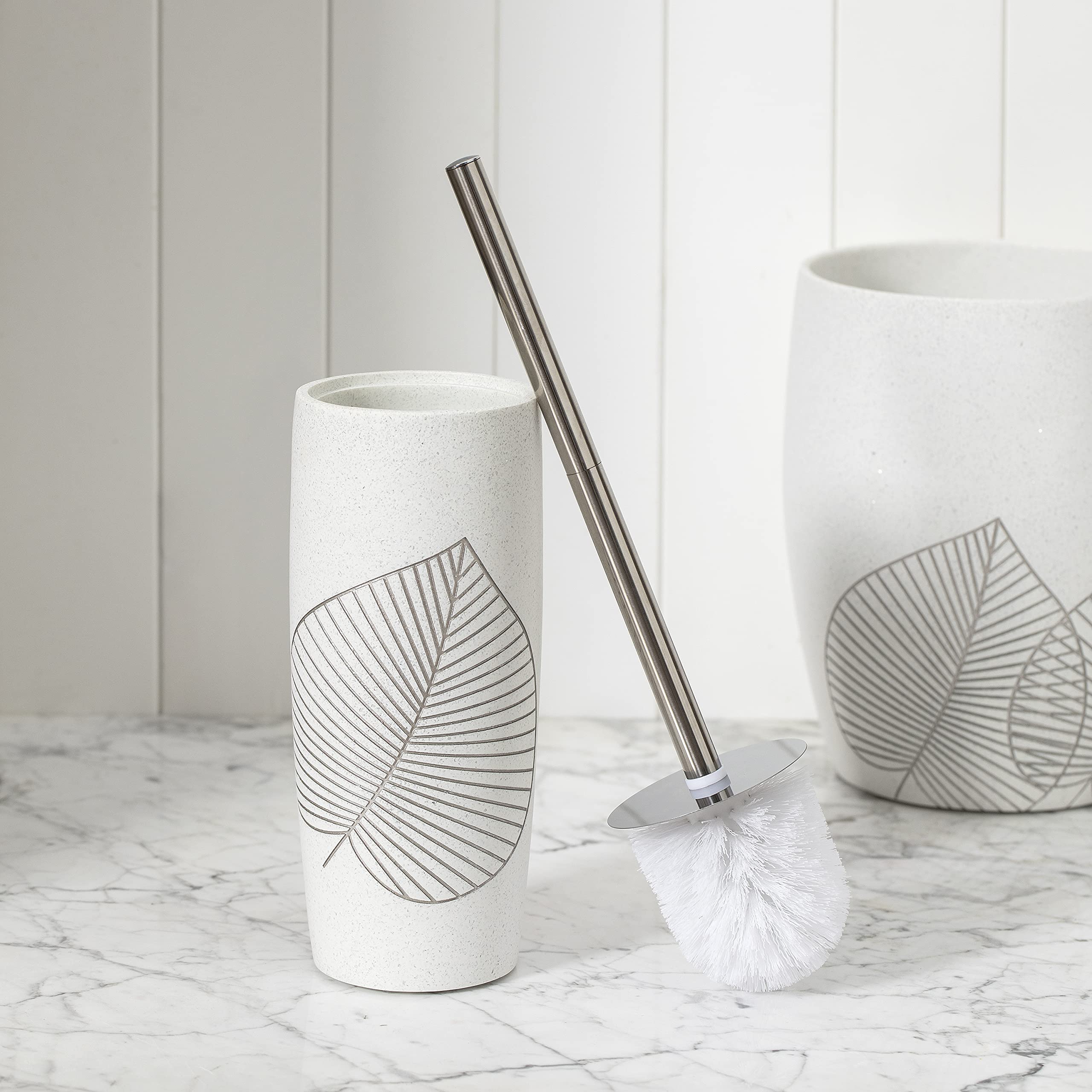 Set of 2 Elegant Leaf Design Hight Quality Polyresin Wastebasket Garbage Receptacle Bin and Brush/Holder for Bathrooms, Powder Rooms, Kitchens, Home Offices White