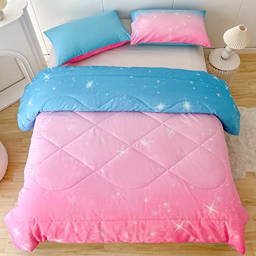 Rainbow Pink Glitter Stars Kids Comforter Set for Girls Queen Size Bedding Set 3 Piece Bed in A Bag Lightweight Quit Blue Gradient Sparkle Mermaid Galaxy Duvet Set for Kids Boys with 2 Pillowcases