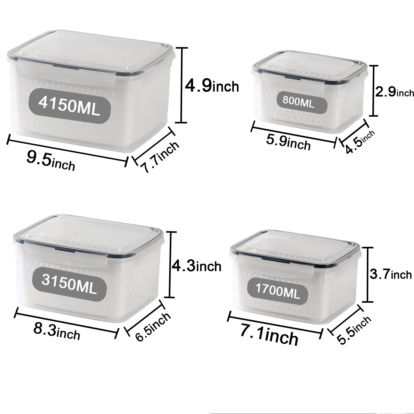4 Pack Large Fridge Food Storage Container Set with Lids with Strainer, Fruit Vegetable Storage Containers Keep Fruits, Vegetables, Berry, Meat Fresh longer , BPA-Free Plastic Produce Keepers