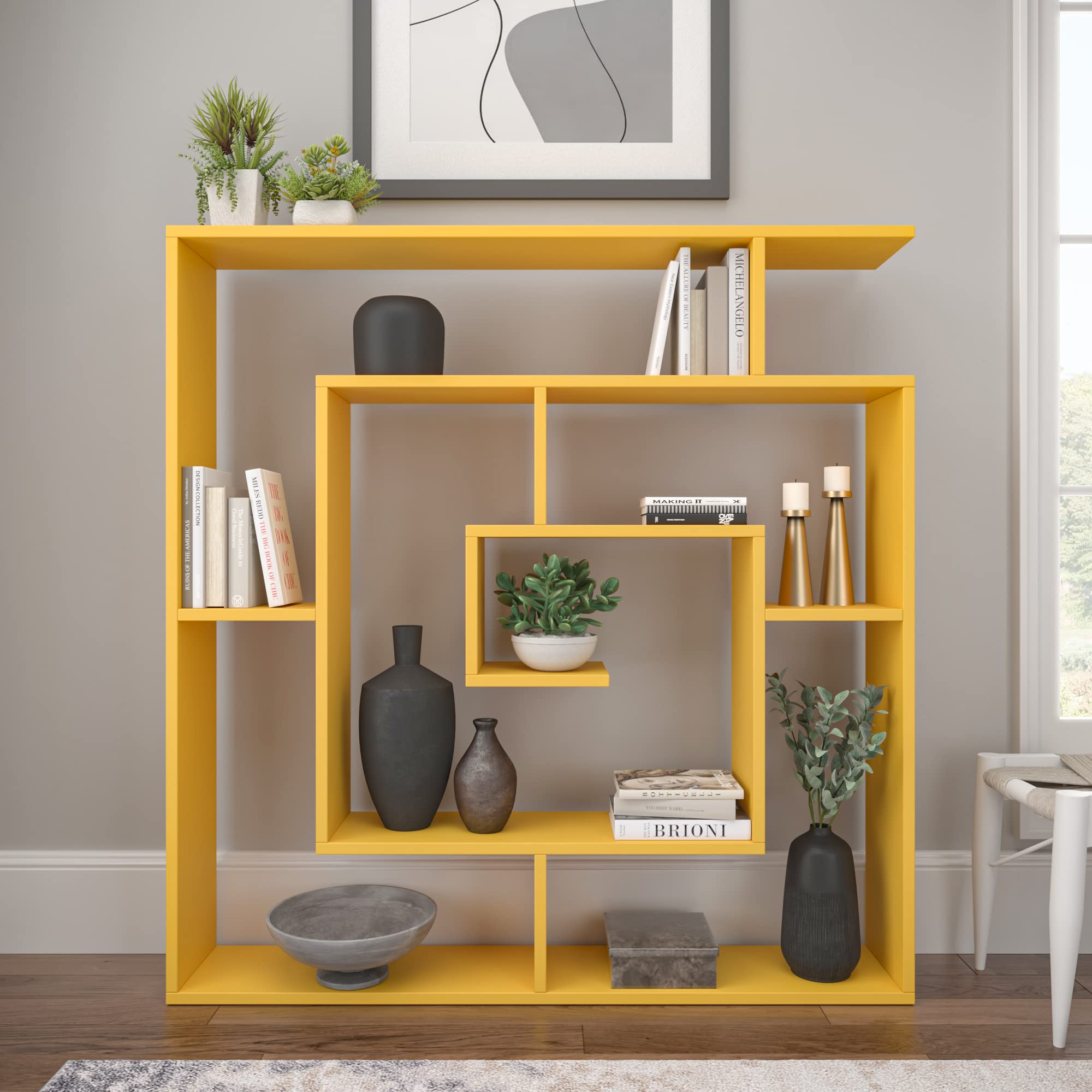 Ada Home Decor Briscoe Modern Mustard Bookcase 50.2'' H x 49.2'' W x 8.66'' D/Shelving Unit/Bookshelf