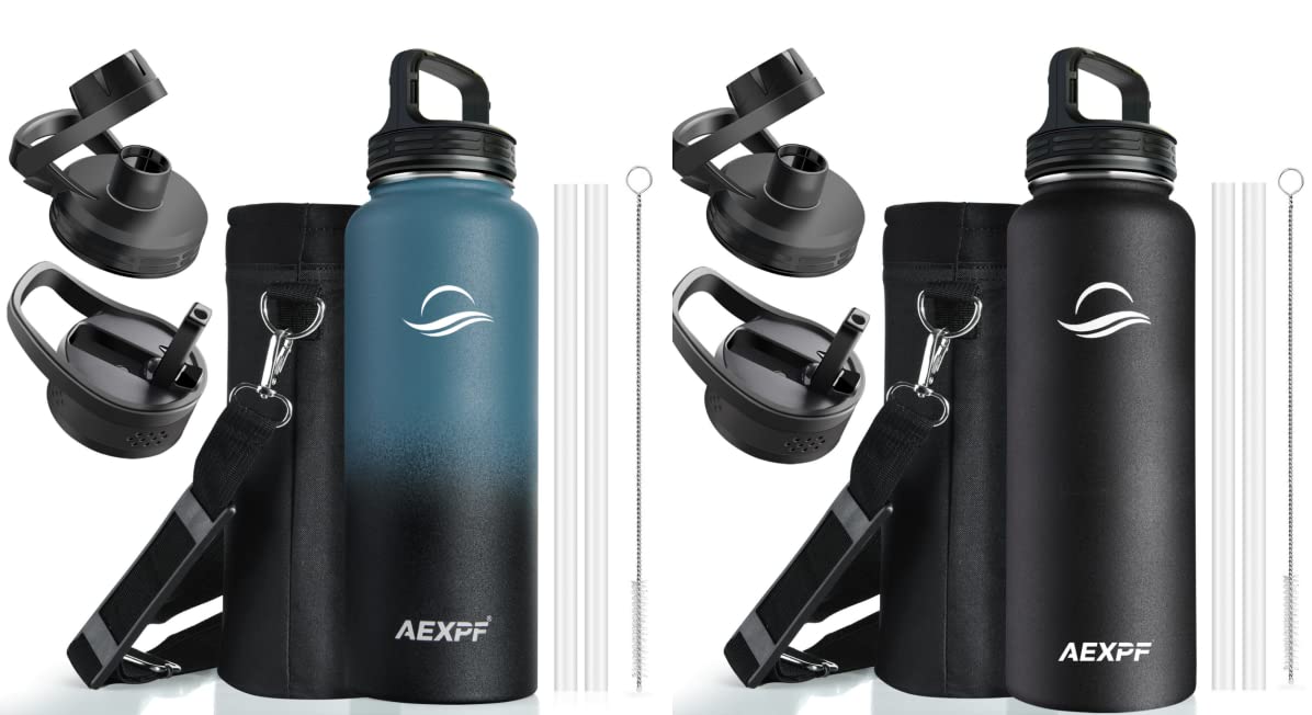 AEXPF 40 oz Insulated Water Bottle, Stainless Steel Vacuum Sports Water Bottle with 3 Lids, Durable Leakproof Metal Thermos, BPA-free Water Flask Jug with Strap, 2pc