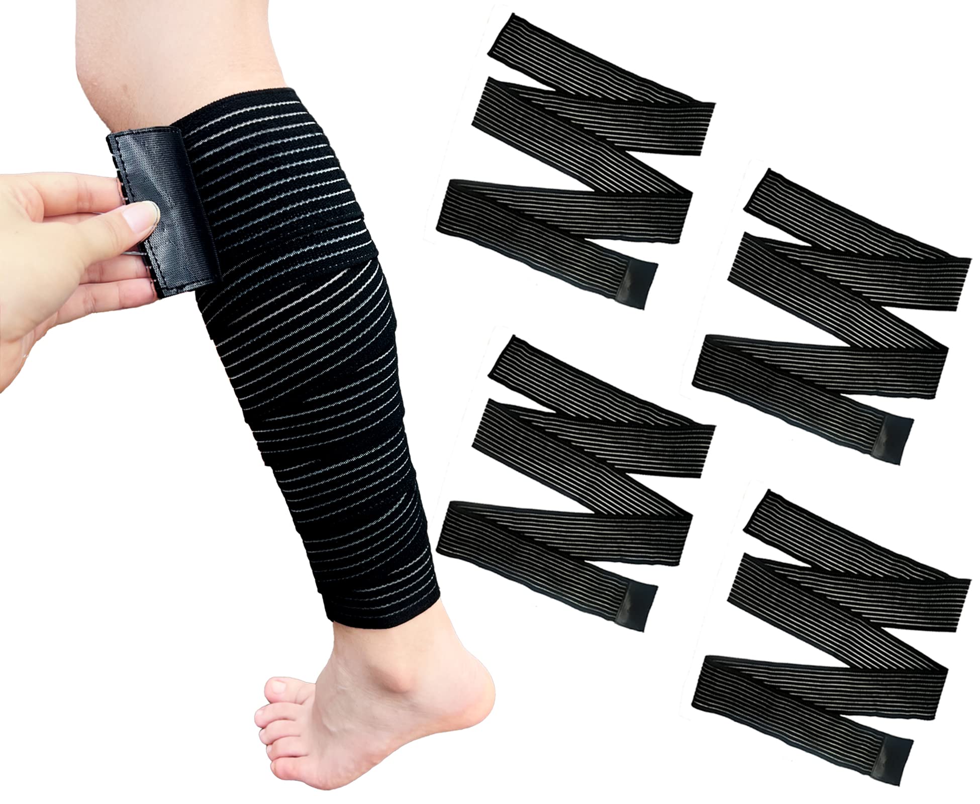 4 Packs Black Elastic Calf Compression Bandage 71 Inches Extra Long Sports Knee Wraps Brace Support Adjustable Leg Compression Sleeve for Stabilizing Ligament, Joint Pain, Sport