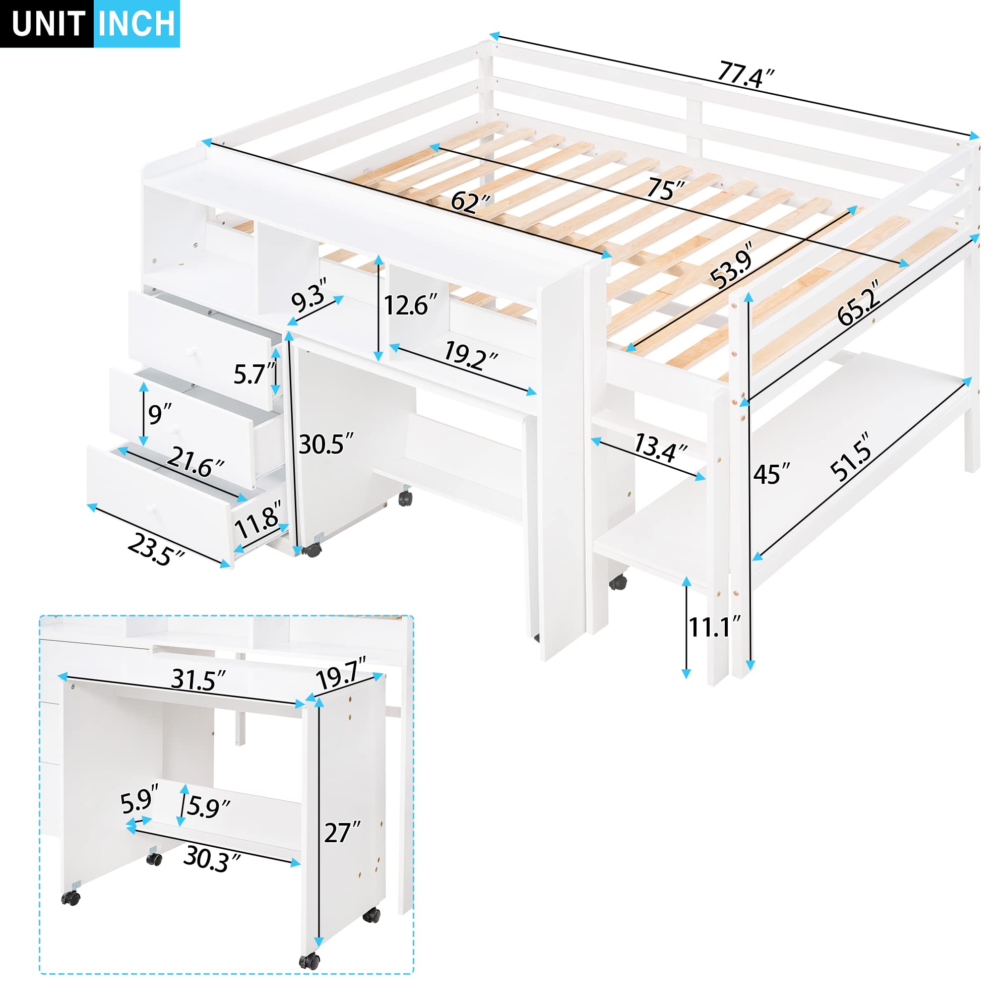 Bellemave Full Size Loft Bed with Rolling Portable Desk Solid Wood Loft Beds with Storage Shelves & Drawers, Low Loft Bed for Kids, Boys and Girls, Teens, No Box Spring Needed (White)