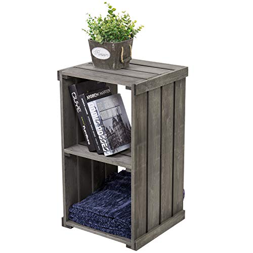 MyGift Dark Gray Solid Wood Small End Table Side Table, 2 Tier Crate Design Nightstand Storage Display Shelf Organizer Accent Furniture