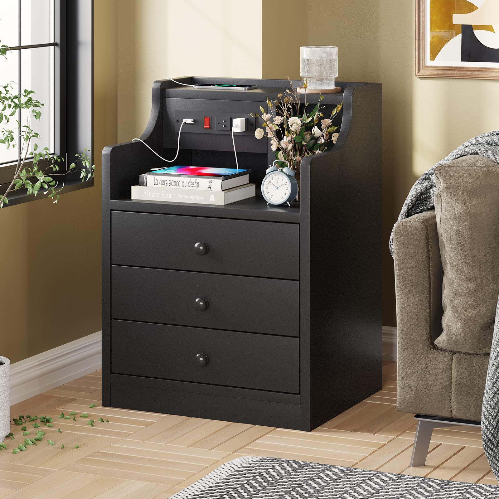 ADORNEVE Nightstand Set 2,Gray Nightstand with Charging Station & Hutch,Night Stands for Bedrooms Set of 2,Bedside Table with Drawers