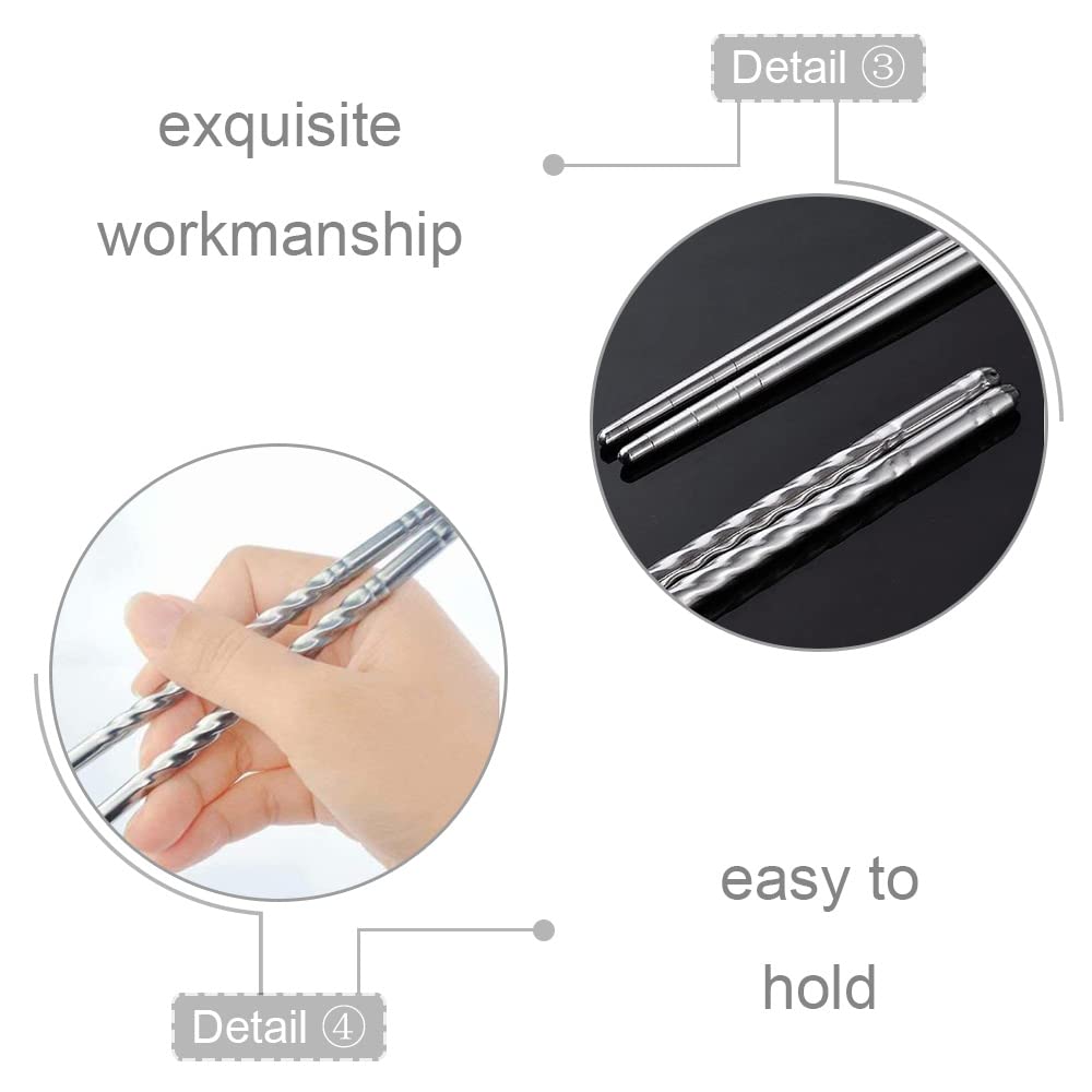 8 Pairs Reusable Chopsticks Stainless Steel Metal Chop Sticks Finger Multipack Threaded Japanese Chinese Korean Chopstick Dishwasher-Safe