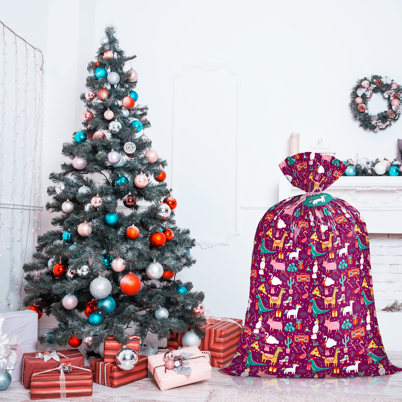 WRAPAHOLIC 56" Large Christmas Plastic Gift Bag - Cute Red Green Gnome and Candy Canes Design for Holiday, Parties, Celebrating, or Any Occasion - 56" H x 36" W