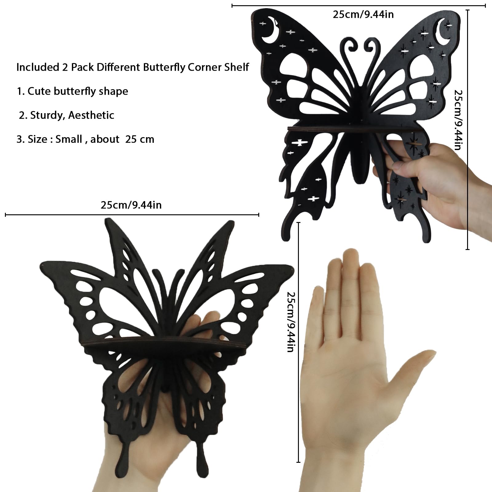 Artilady Butterfly Crystal Shelf - 2 PCS Black Wall Corner Shelf Crystal Display Shelf Floating Shelves for Bedrooms Boho Cute Bathroom Kitchen Office Living Room Decor Aesthetic Witchy Gift