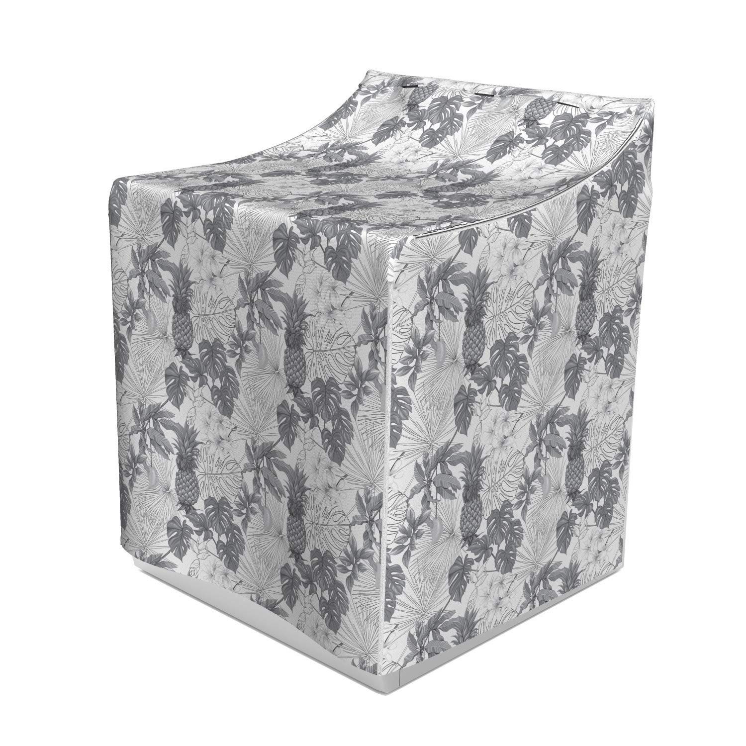 Ambesonne Tropical Cover for Washer and Dryer, Print of Exotic Plantation Palm Leaves Hawaiian Greyscale Layout, Easy Use Bathroom Laundry Decor Accent, 29" x 28" x 40", Dimgray White