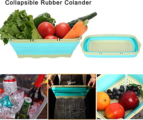 AJH3 ESSENTIALS 9-in-1 Collapsible Cutting Board with Colander and Prep Tub: The Ultimate Meal Prep Station for Any Occasion (Blue/Green)