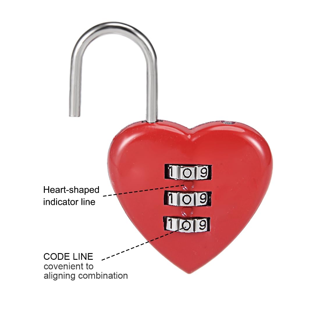 uxcell 3 Digit Combination Padlock, 3mm Shackle, Zinc Alloy Lock Heart Shaped, Red