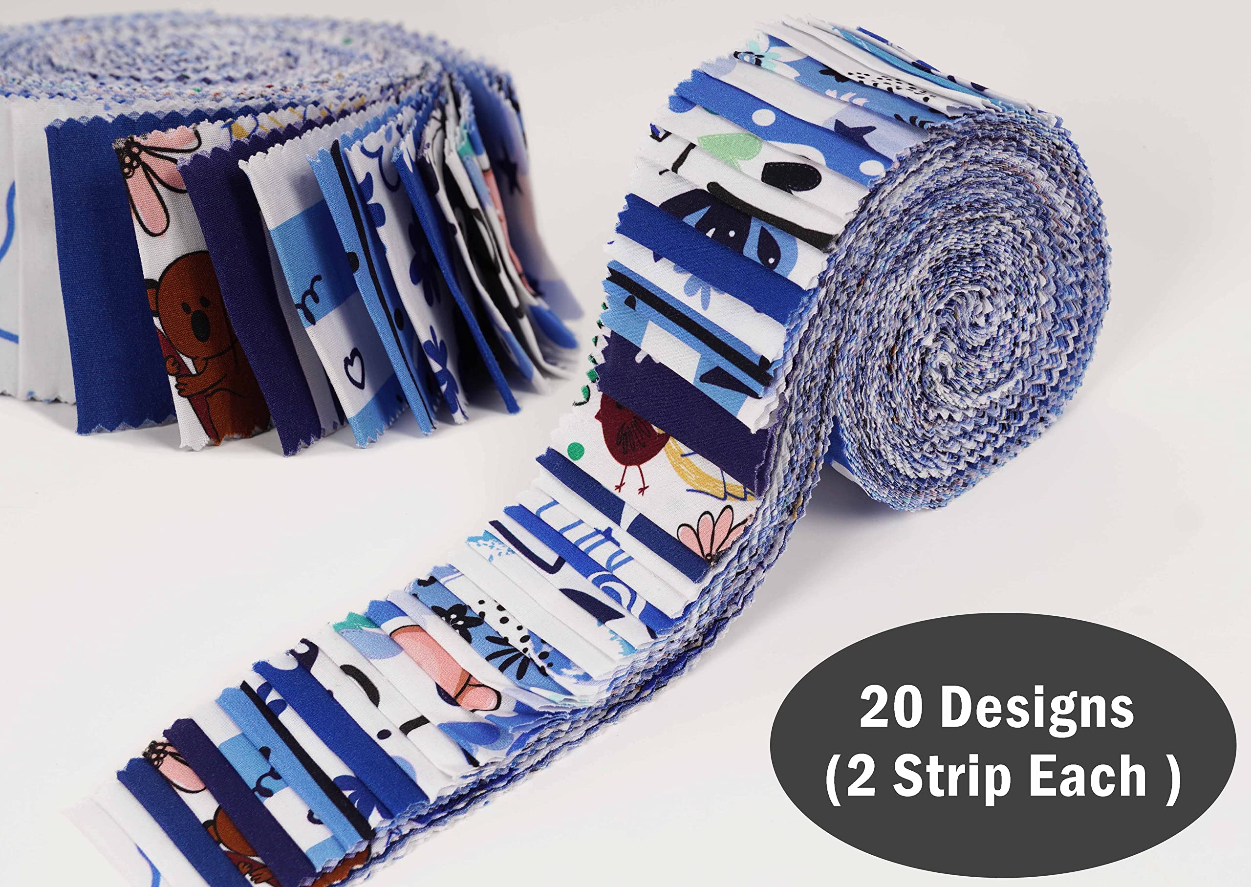 Soimoi 40Pcs Baby Boy Print Cotton Precut Fabrics for Quilting Craft Strips 2.5x42inches Jelly Roll - Medium Blue
