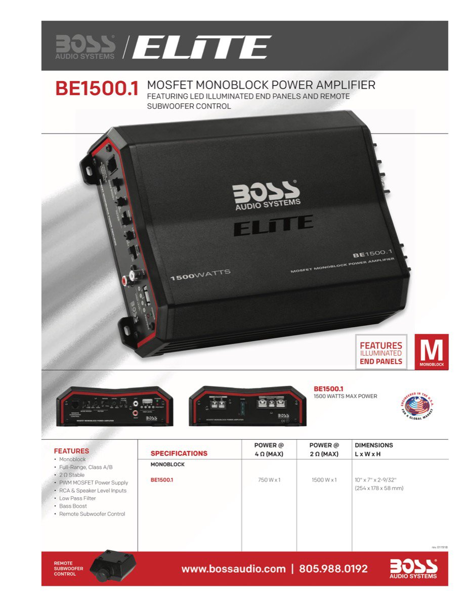 BOSS Audio Systems Elite BE1500.1 Monoblock Car Amplifier - 1500 Watts, 2 4 Ohm Stable, Class AB, Mosfet Power Supply, Great For Subwoofers