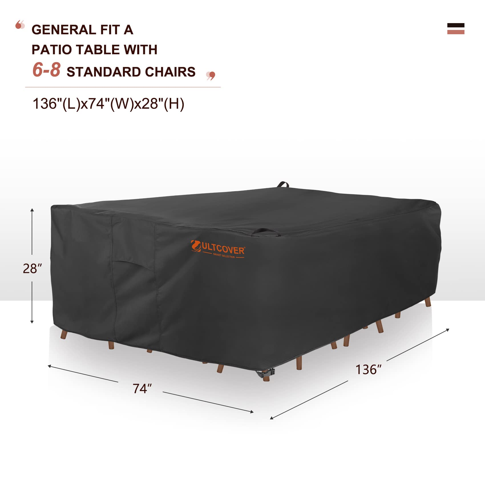 ULTCOVER Smart Selection Rectangular Patio Furniture Sectional Sofa Set Waterproof Outdoor Dining Table Cover 136x74 inch, Black