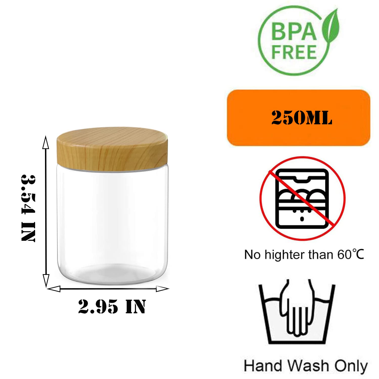 6 Pack 8 Oz Clear Plastic Jars Refillable Kitchen Storage Containers for Dry Food, Coffee, Nuts and More.