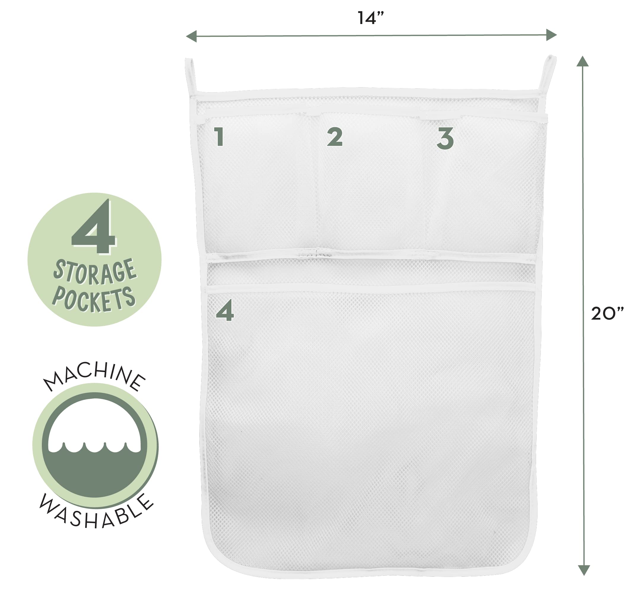 S&T INC. Bath Toy Storage Net with Pockets for Tub, Shower Caddy Holds Baby and Kids Toys, Soap, or Shampoo, Hooks Included, 14 Inch by 20 Inch, White, 1 Pack