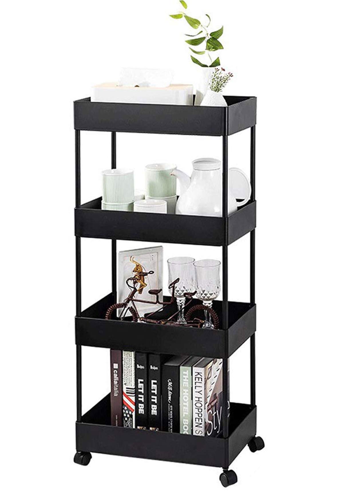 4 Tier Rolling Cart Slim Storage Cart with Wheels Slim Slide-Out Storage Organizer Cart for Kitchen Pantry Living Room Narrow Space, Black