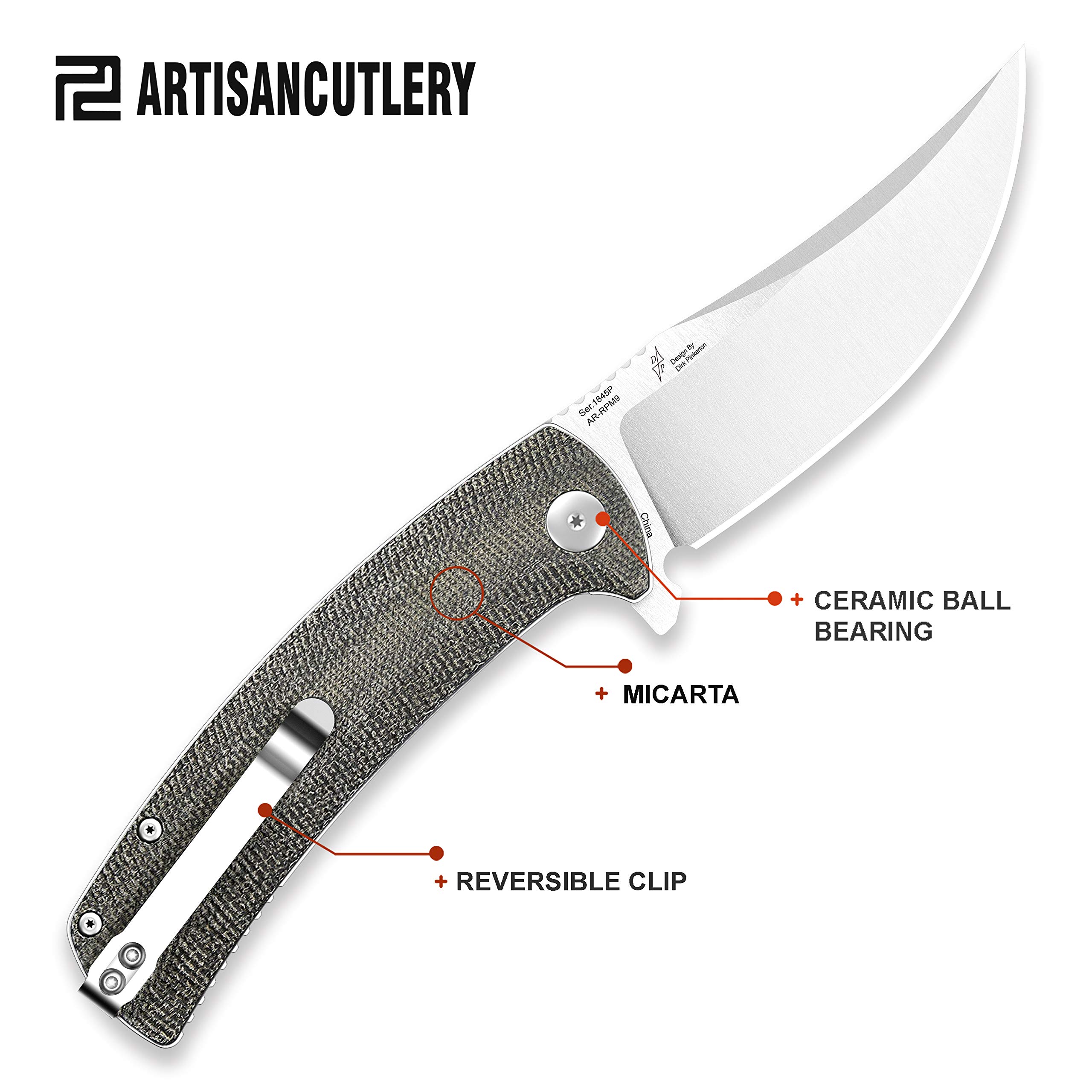 ARTISANCUTLERY Folding Knife Arroyo (ATZ-1845) AR-RPM9 Powder Steel Balde Micarta Tactical Handle Pocket Folding Knife EDC OD Green Micarta