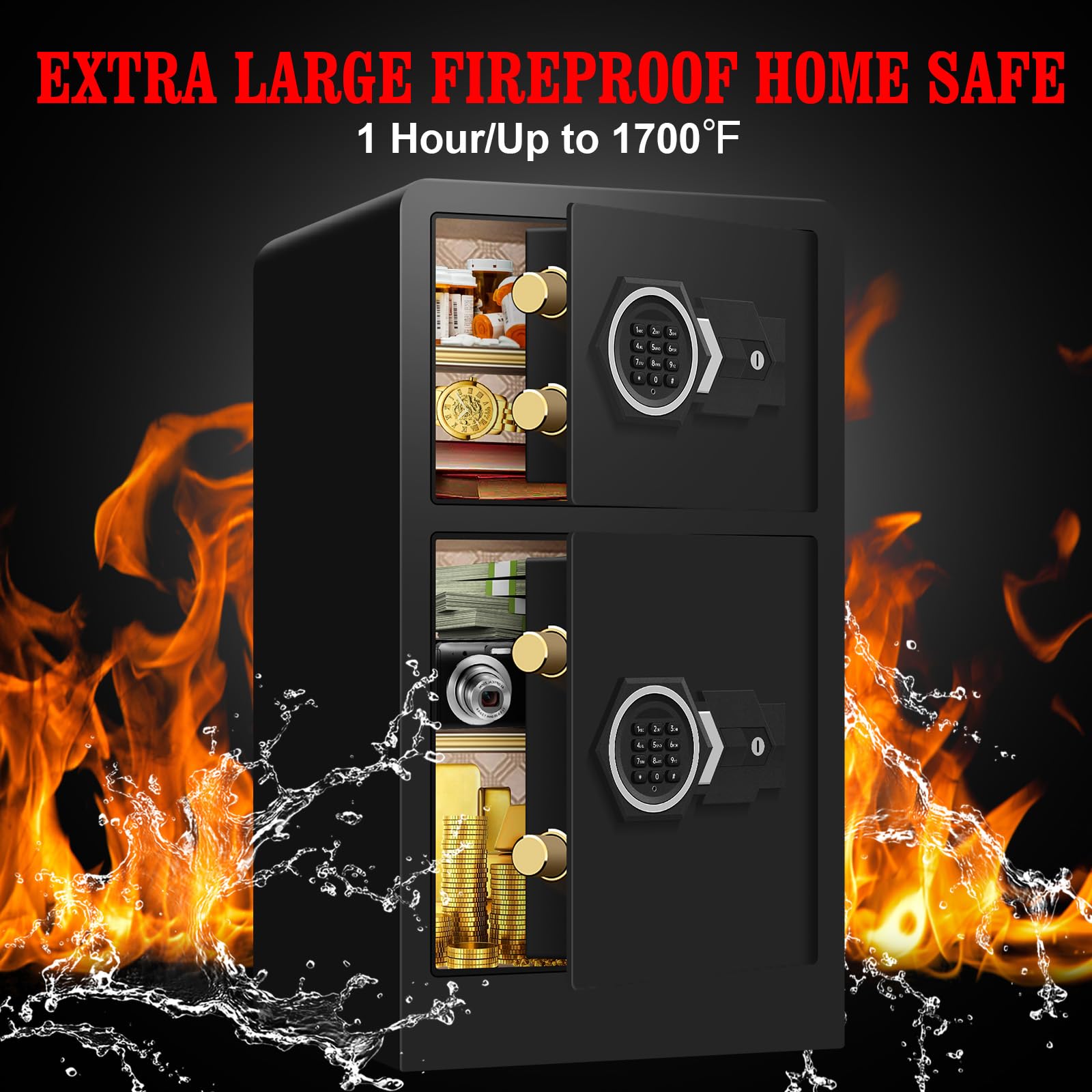 6.1 Cu ft Extra Large Home Safe Fireproof Waterproof, Anti-Theft Digital Home Security Safe Box With Hidden Compartment, Double Safes, Separate Lock Box and Led Light(31.1" x 17.0" x 15.9")