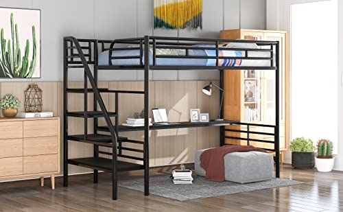 GLORHOME Metal Twin Size Loft Bed with Long Desk & Safety Stairway,Space-Saving Kids Loftbed Frame for Kids Teens Children, No Box Spring Needed, Black