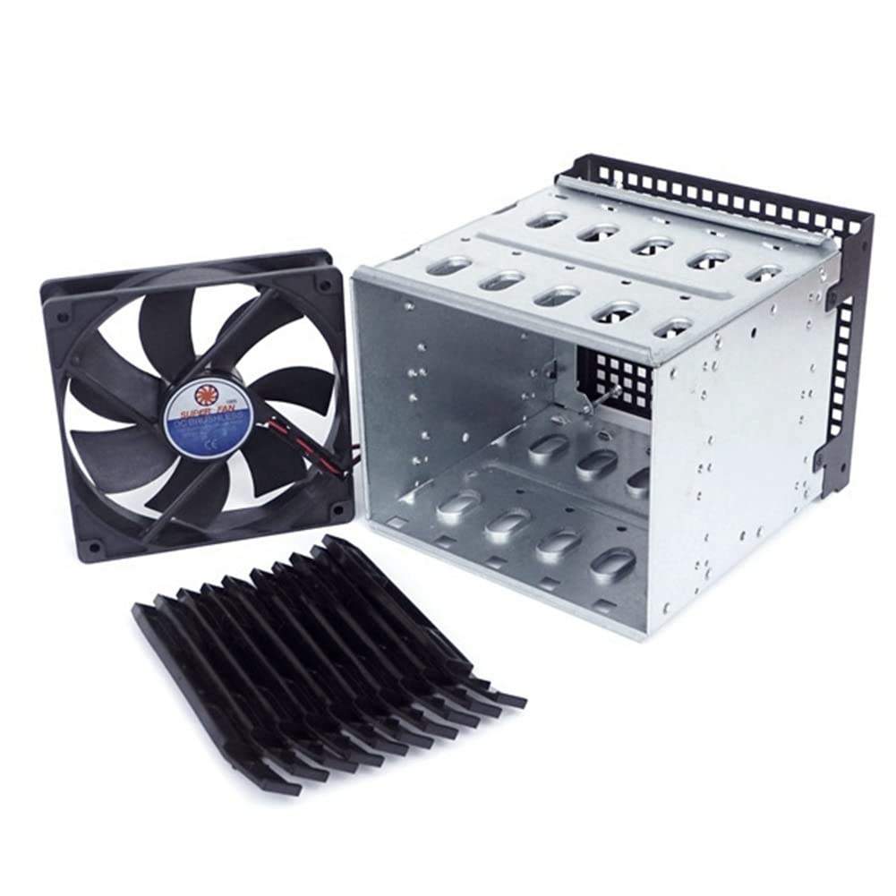 Abledance Storage Expansion Hard Drive Cage DIY Hard Drive Disk Cage Rack 5.25 Inch to 5X 3.5Inch Bracket with 12cm Fan, Silver (500239571)