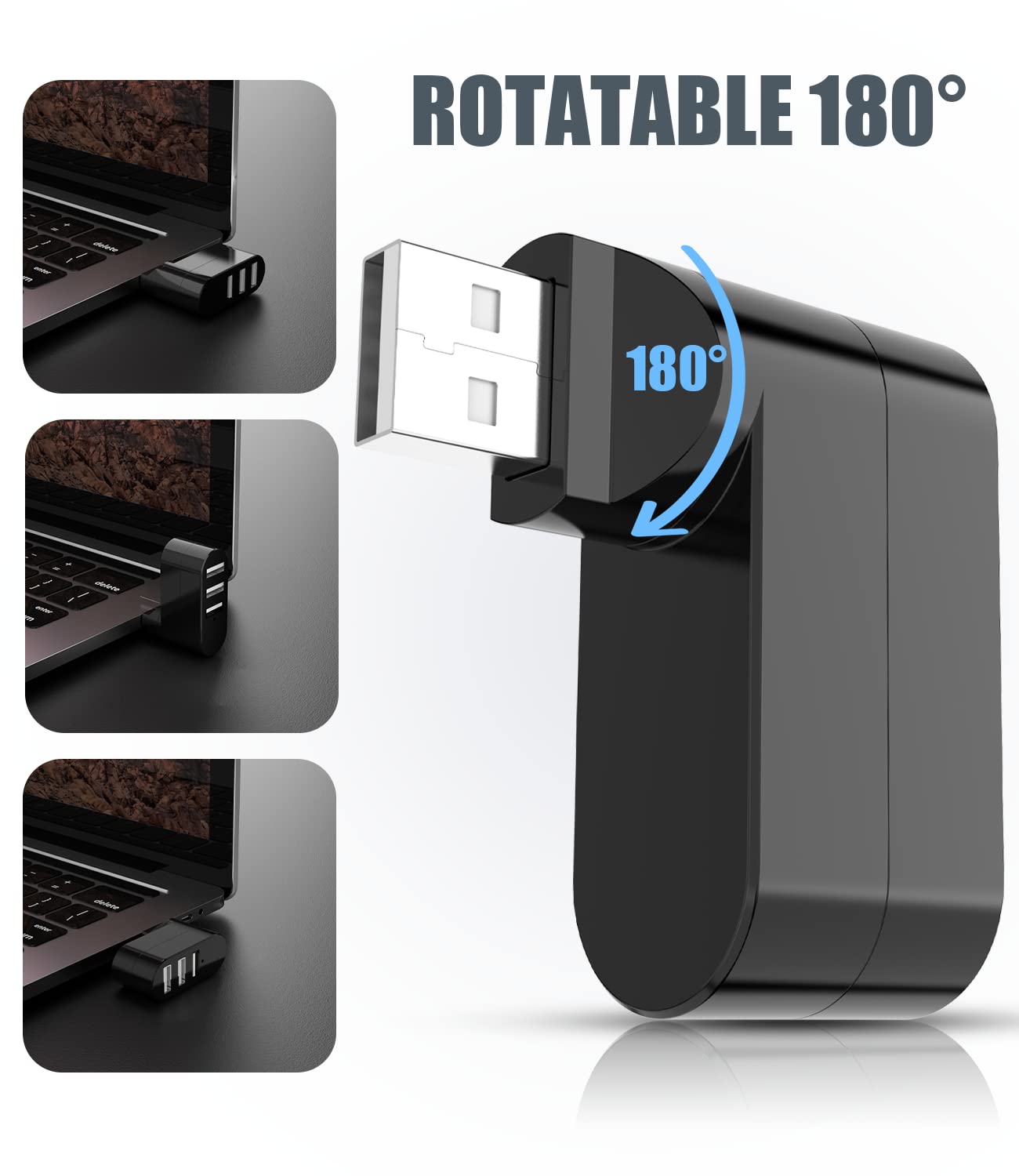 USB Port Splitter,3 port USB 2.0 hub Dock [90°/180° Degree Rotatable] for for Windows Laptop, Xbox, Wii,PS3, PC, MAC, Mac Book, Tablet, Tab - Black