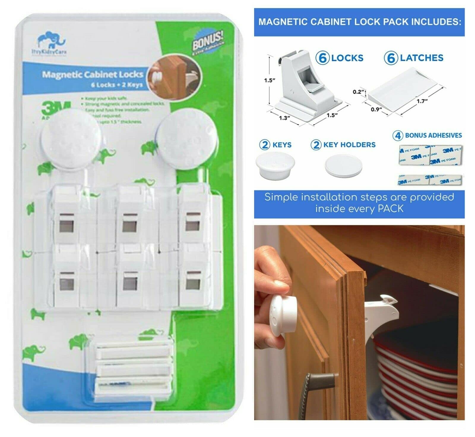 ItsyKidsyCare Baby Proofing Magnetic Cabinet Locks for Child Safety for Cabinets and Drawers No Tools or Screws Needed, 6 Locks, 2 Keys and 4 Bonus 3M Adhesives