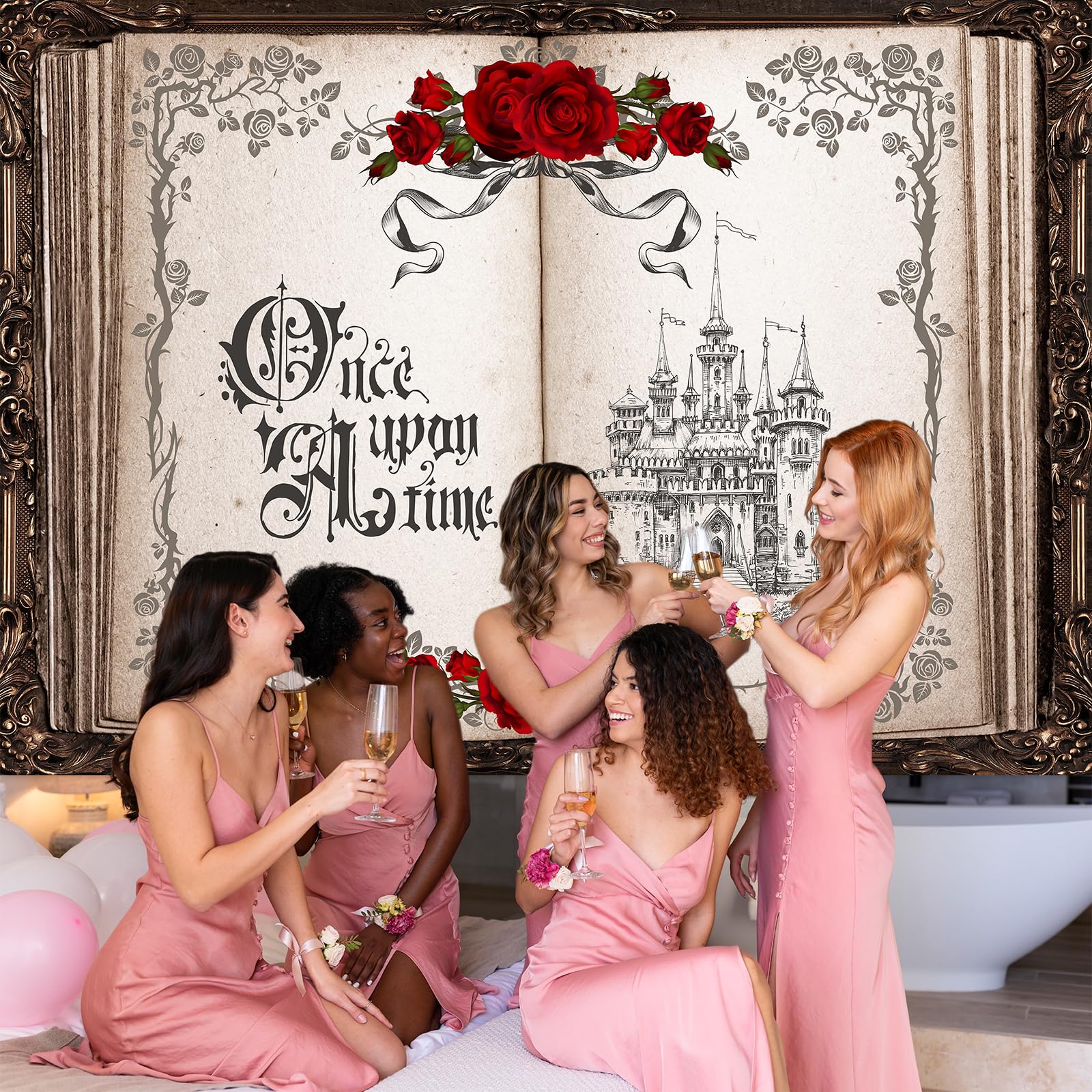 Mocsicka Once Upon a Time Backdrop Princess Castle Wedding Party Background Fairytale Book Red Roses Bridal Shower Party Cake Table Decoration Photo Booth Props (7x5ft)