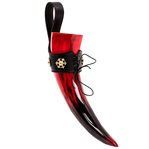 Mythrojan THE RED WITCH Viking Drinking Horn with Black Leather holder Authentic Medieval Inspired Viking Wine/Mead Mug – Polished Finish