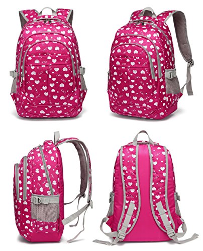 BLUEFAIRY Girls Backpack Kids Elementary School Bags Child Bookbags Waterproof Lightweight Travel Sturdy Durable Gift Mochila Para 5.6.7.8.9.10 Niñas(Rose Red)