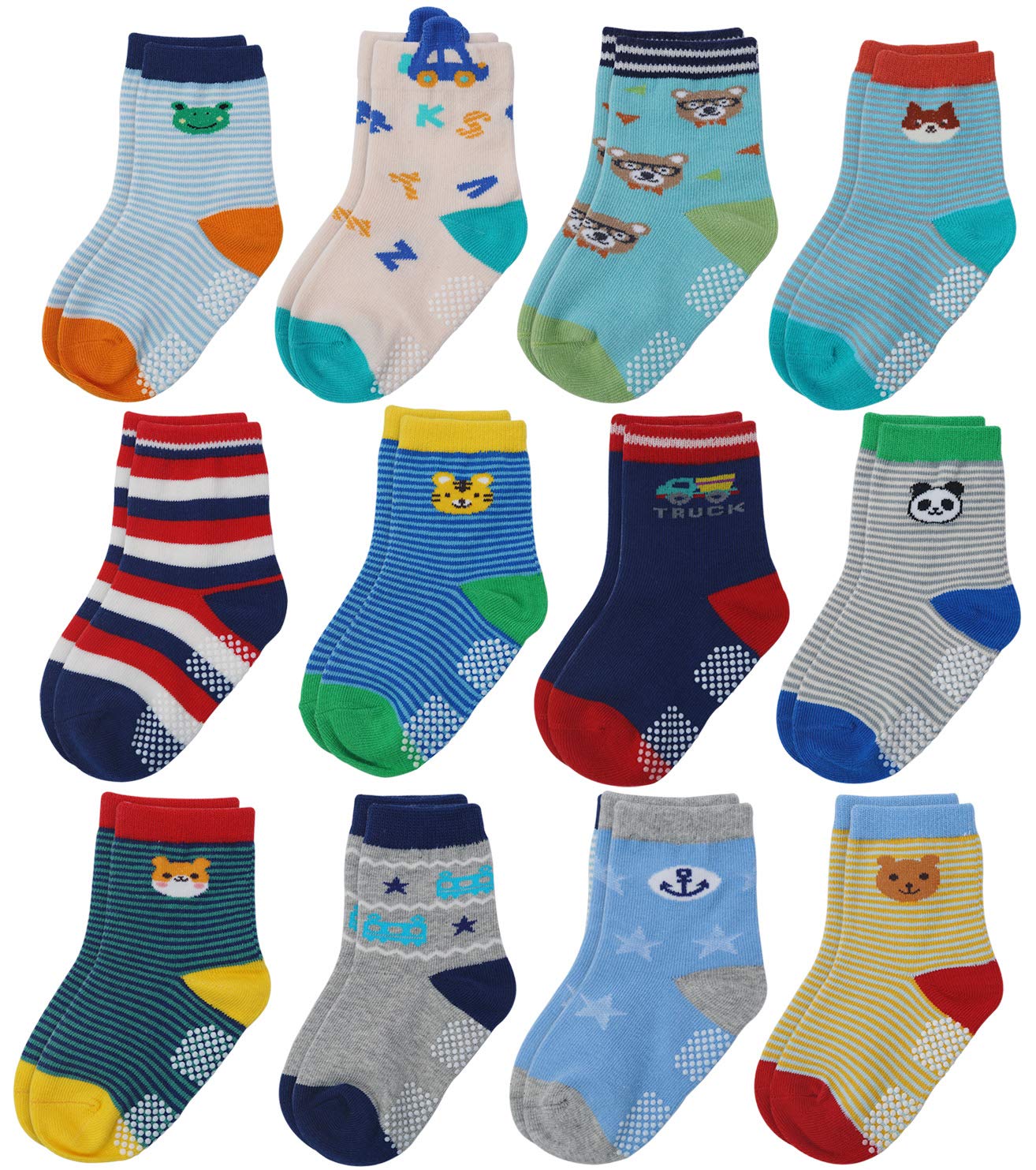 Flanhiri Baby Boys Toddler Non Skid Cotton Socks with Grip (1-3 Years, 12 Pairs - Set 4/713717)