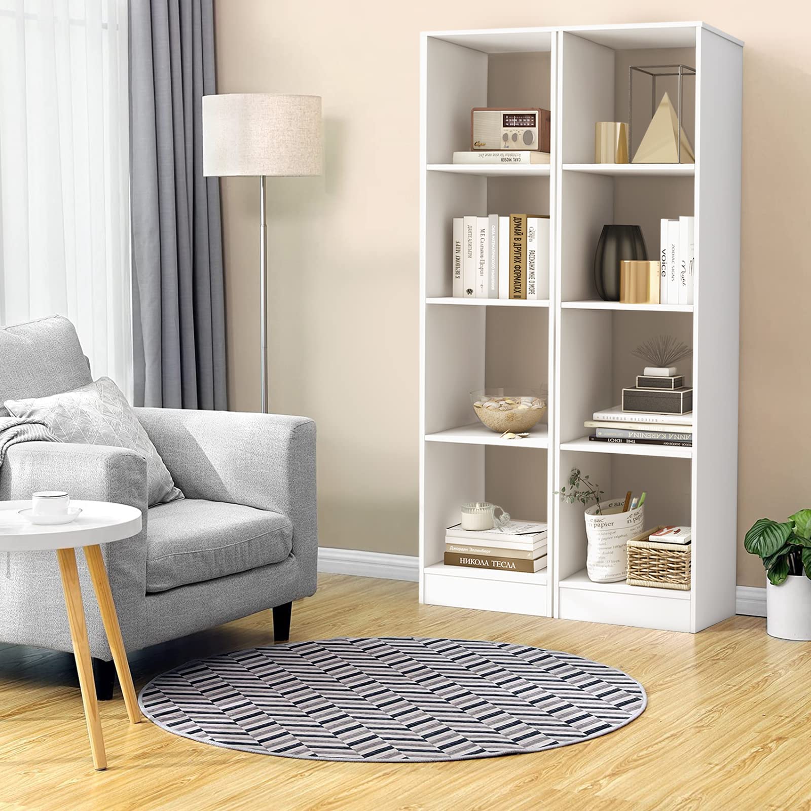 SILKYDRY 56” Tall White Bookshelf, 4 Cube Vertical Storage Organizer with Anti-Tip Kits, Freestanding 5-Tier Narrow Open Shelf Bookcase for Small Space, Bedroom, Study, Home Office (1)