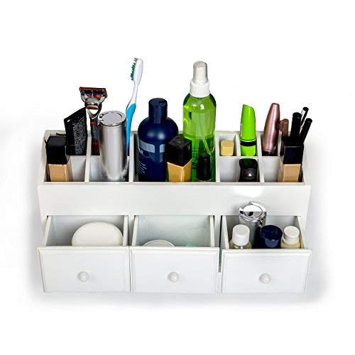 Makeup Organizer with Drawers, Wooden Cosmetic Beauty Storage Box for Home and Office Vanities, Countertop Organizer for Cosmetics and Makeup Tools, Vanity Holder for Lipstick Brushes Lotions, White