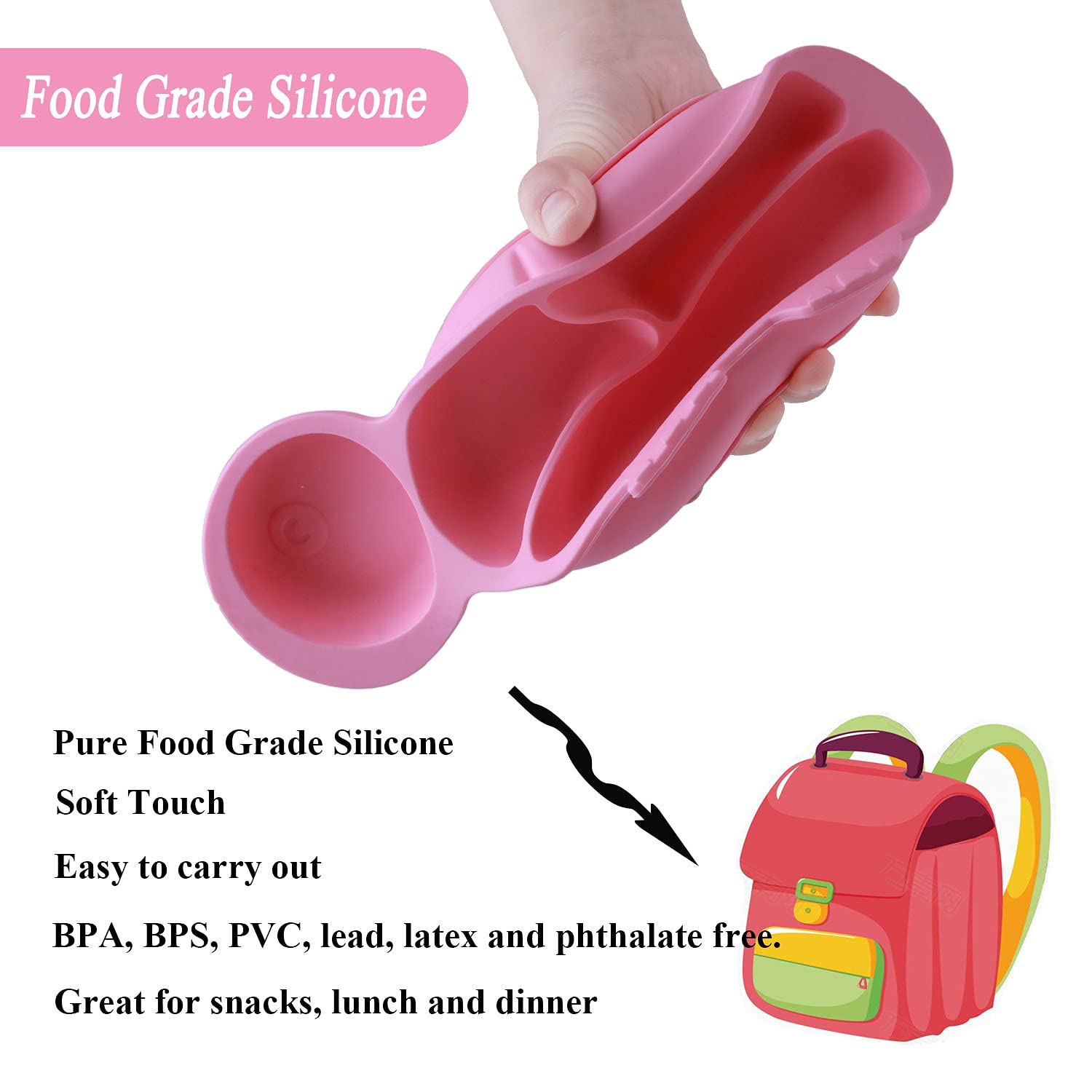 NICINGU Silicone Suction Plate spoon fork sets for Toddlers,Divided Plate Dish Placemat Bowl for Baby Kids Infant Self Feeding Training,Fits Most Highchairs, BPA Free Microwave Dishwasher Safe-Pink