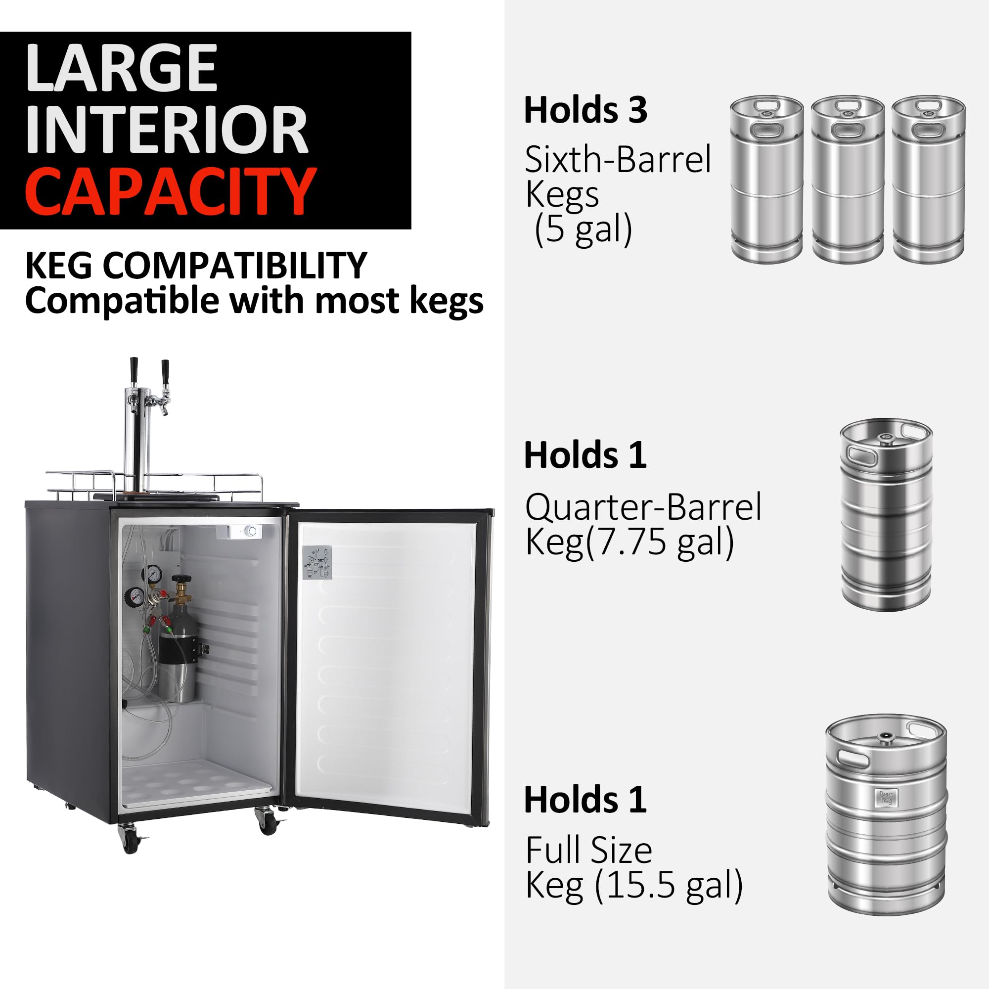 Beer Kegerator, Dual Tap Draft Beer Dispenser, Full Size Keg Refrigerator With Shelves, Stainless Steel, Drip Tray & Rail,silver