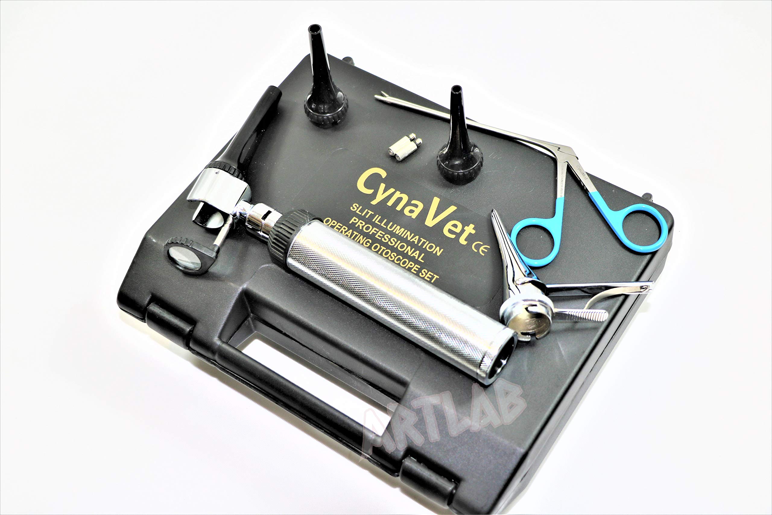 Artlab -Veterinary Operating Otoscope with Reusable Ear Speculas-Alligator Forceps and 2 Replacement Bulbs - Perfect for Home and Professional Use (Carrying Hard Case)