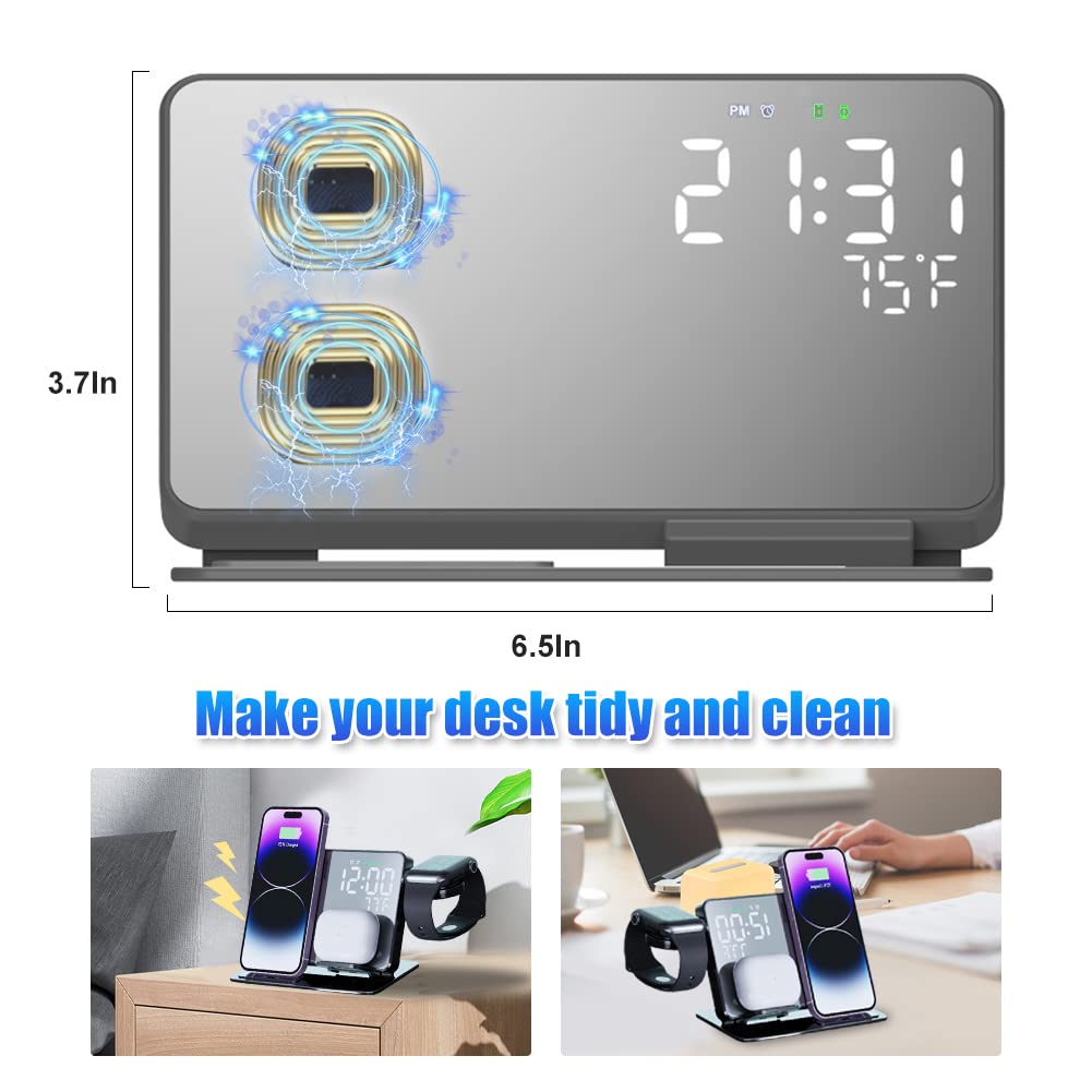 4-in-1 Wireless Charging Station for Apple Devices, 18W Fast Charge Wireless Charger with Alarm Clock and Temperature Display, Wireless Charger Stand for iPhone 14 13 12, Apple Watch & AirPods