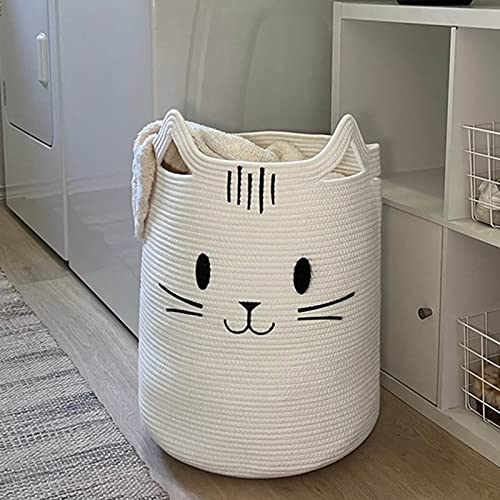INDRESSME Cute Baby Laundry Basket, Tall Nursery Hamper for Clothes, Towels, Blankets, Kids Toy Storage Basket for Living Room, Bedroom, Cat Basket for Playroom, 16 x 20 inches, White