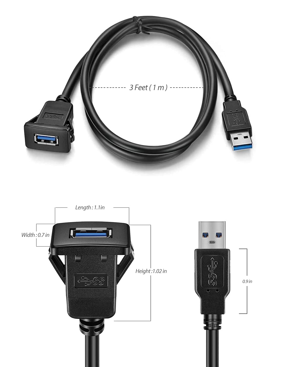 URWOOW USB3.0 Square Flush Mount - 1M 3ft USB 3.0 Extension Mount, Dash Mount, Flush Mount, Panel Mount Cable, for Car, Boat, Motorcycle (3 feet)