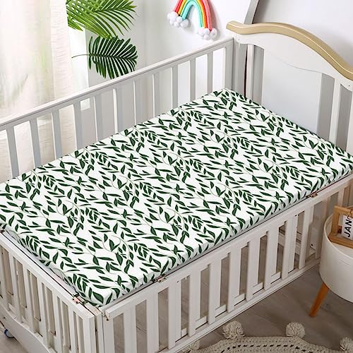 Eucalyptus Themed Fitted Crib Sheet,Standard Crib Mattress Fitted Sheet Soft & Stretchy Fitted Crib Sheet - Great for Boy or Girl Room or Nursery,28β x52β,Hunter Green and White