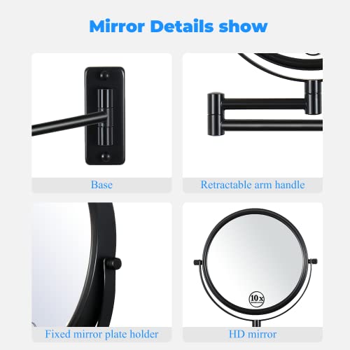 mumianshu Wall Mounted Makeup Mirror, 1x/ 10x Magnifying Makeup Mirror, 8" Double Sided Make up Mirror with 360 Degree Swivel Extendable Arm, Home Bathroom Shaving Vanity Mirror (Black)