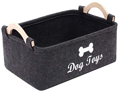 Xbopetda Fiber Soft Felt Dog Storage Basket Bin Organizer - with Wooden Handle - Pet Supplies Storage Basket/Bin Kids Toy Chest Storage Trunk-Dark Grey