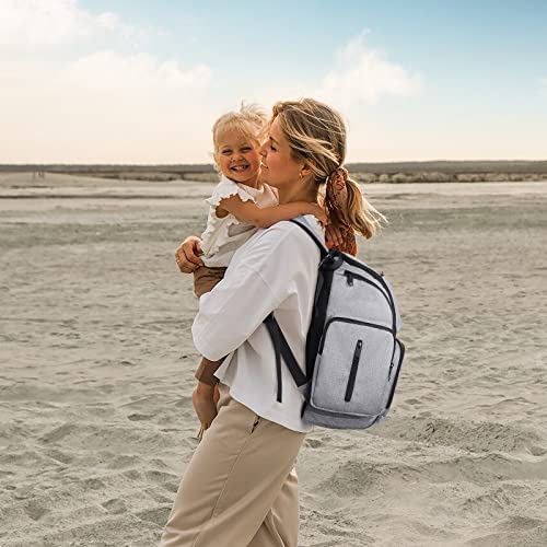 Mancro Diaper Bag Backpack, Large Multifunction Waterproof Travel Baby Changing Bag for Dad Mom with 4 Insulated Pockets and Stroller Straps, Maternity Baby Bag for Boys Girls, Grey