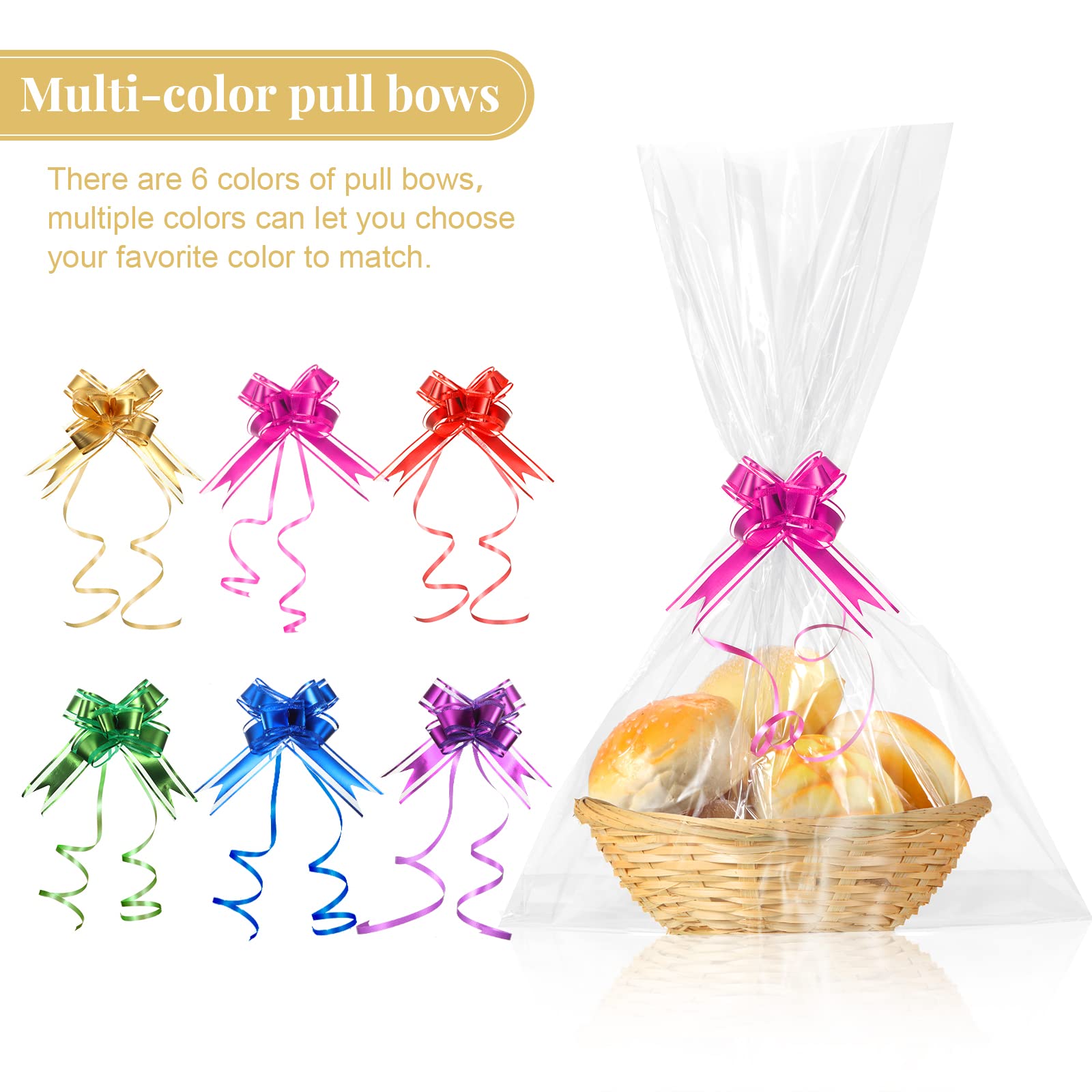 8 Pcs Empty Oval Bamboo Basket Food Storage Basket Fruit Basket Gift Baskets with 12 Pcs Colorful Pull Bow and 12 Pcs Clear Gift Bag for Fruit, Cookie, Bread, Kitchen, Restaurant, 9 x 7 x 3 inches